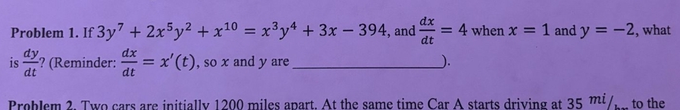 Solved SolveProblem 1. ﻿If 3y7+2x5y2+x10=x3y4+3x-394, ﻿and | Chegg.com
