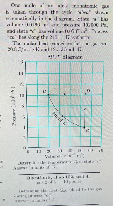 Solved One mole of an ideal monatomic gas is taken through | Chegg.com