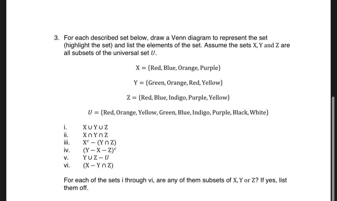 Solved For each described set below, draw a Venn diagram to | Chegg.com
