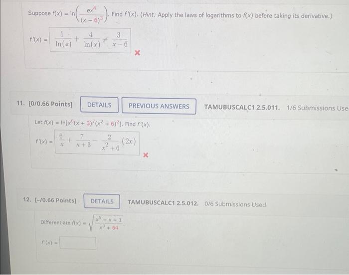 Solved Suppose f(x)=ln((x−6)3ex4). Find f′(x). (Hint: Apply | Chegg.com