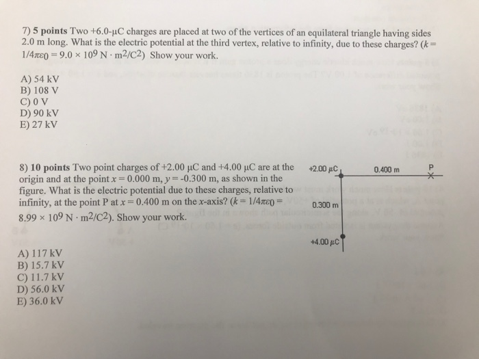 Solved 7) 5 points Two +6.0-LC charges are placed at two of | Chegg.com