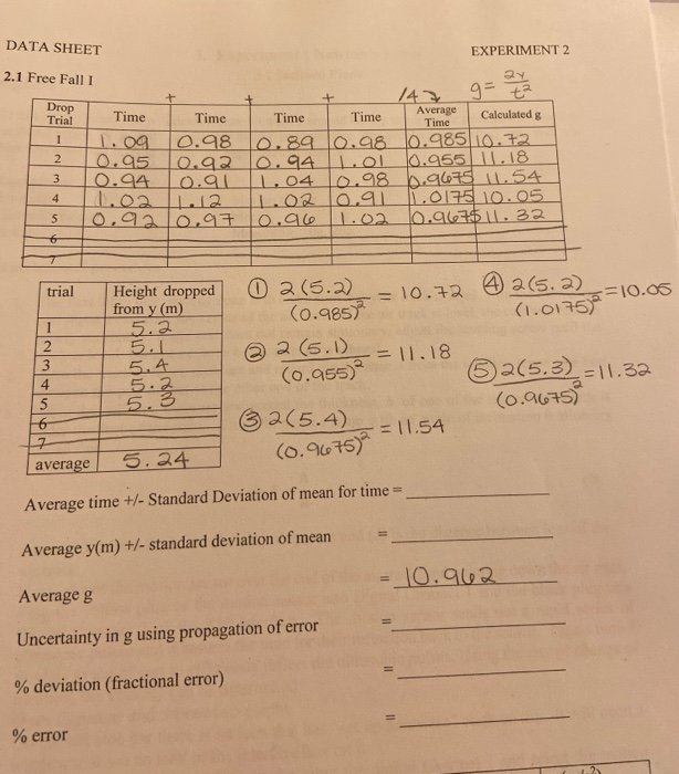 Solved DATA SHEET EXPERIMENT 2 2.1 Free Fall I Drop Trial 1 | Chegg.com