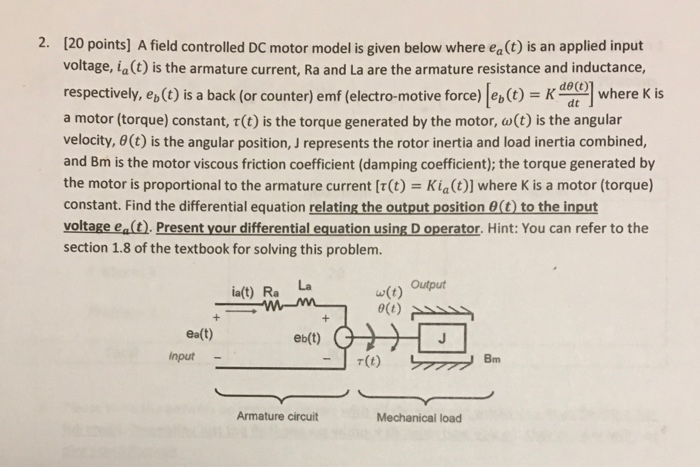 Solved 2. (20 points) A field controlled DC motor model is | Chegg.com