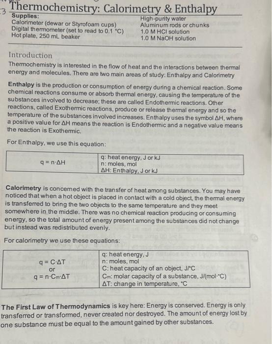 :3 Thermochemistry: Calorimetry & Enthalpy | Chegg.com