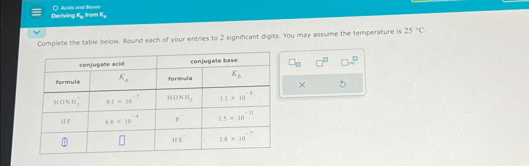 Solved Acids and BasesDeriving Kb ﻿from KbComplete the table | Chegg.com