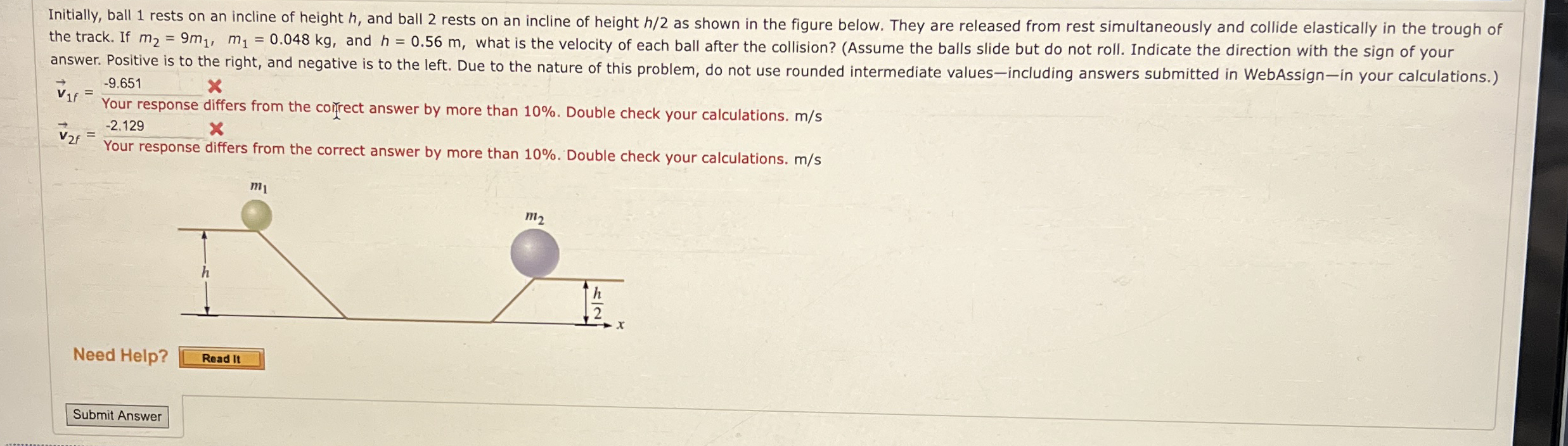 Solved Initially, ball 1 ﻿rests on an incline of height h, | Chegg.com