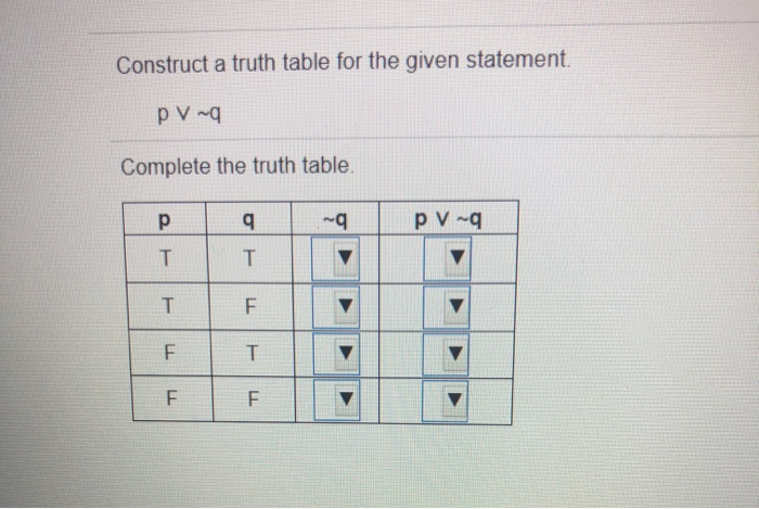 Solved Construct a truth table for the given statement. pv | Chegg.com