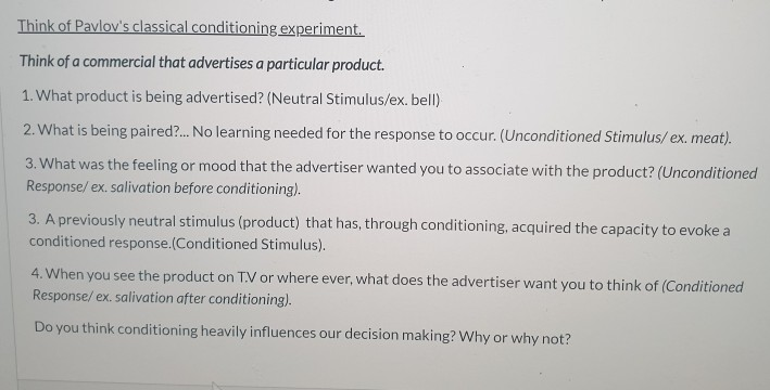 Solved Think of Pavlov's classical conditioning experiment. | Chegg.com