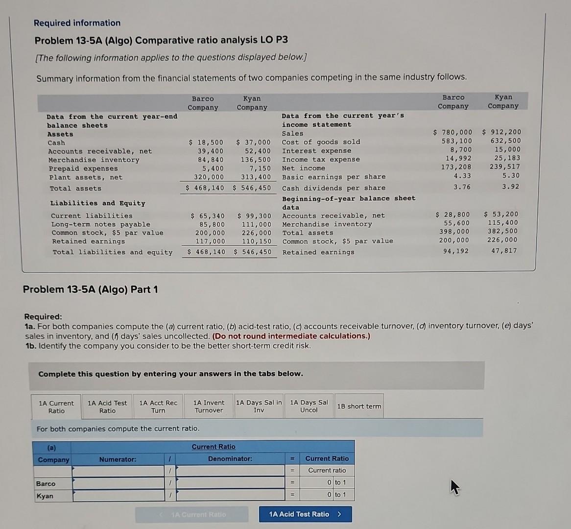 Solved Required information Problem 13-5A (Algo) Comparative | Chegg.com