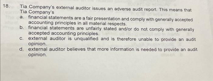 Solved 18. Tia Company's external auditor issues an adverse | Chegg.com