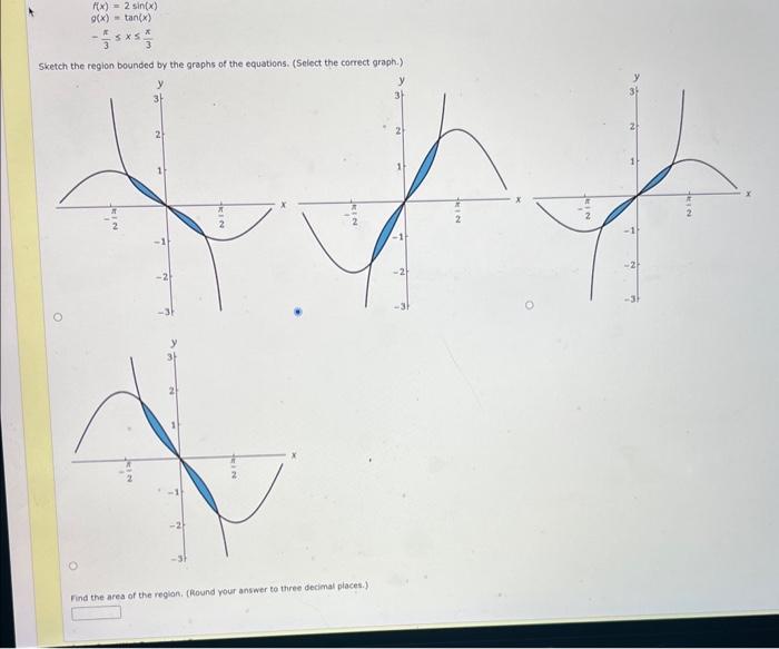 Solved f(x)=2sin(x)g(x)=tan(x)−3π≤x≤3π Sketch the region | Chegg.com