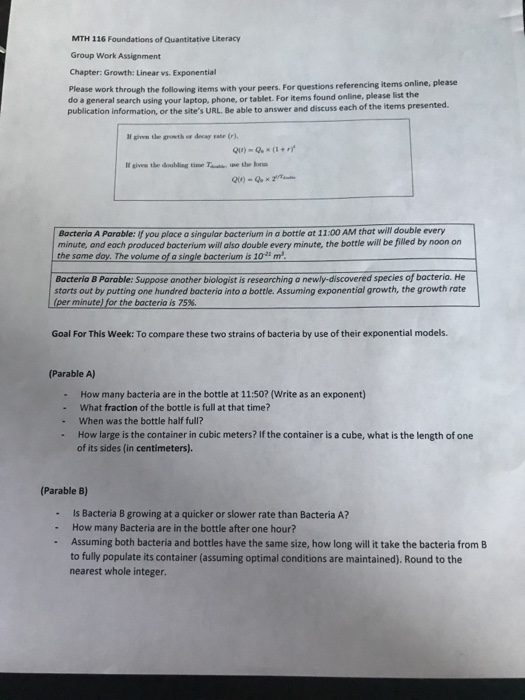 Solved MTH 116 Foundations of Quantitative Literacy Group | Chegg.com