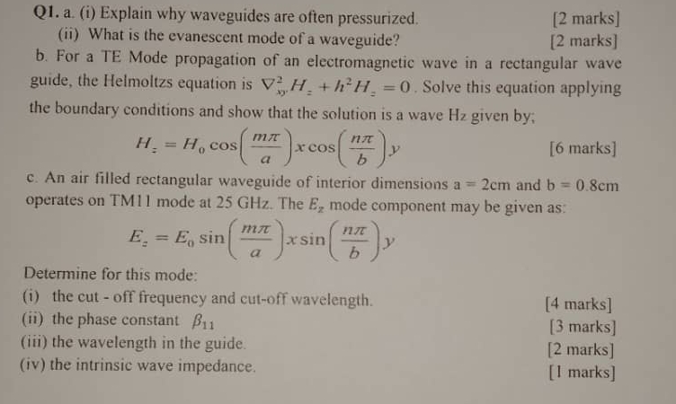 Solved Q1. ﻿a. (i) ﻿Explain why waveguides are often | Chegg.com