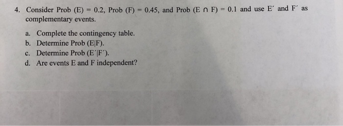 Solved 4. Consider Prob (E) 0.2, Prob (F) complementary | Chegg.com