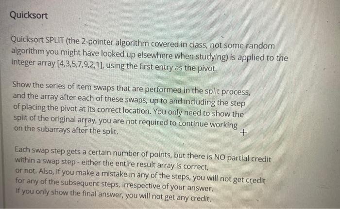 Solved Quicksort Quicksort Split The 2 Pointer Algorithm