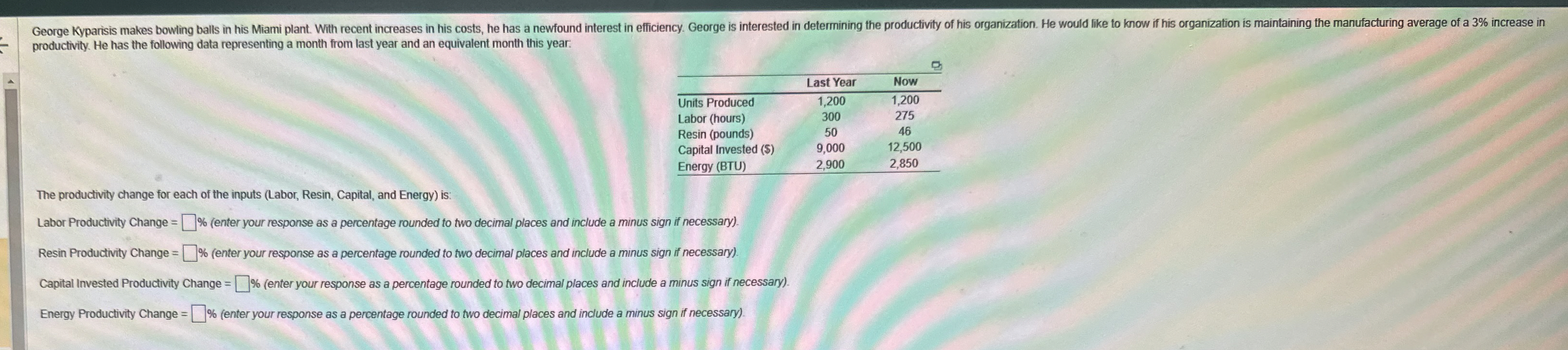 Solved productivity. He has the following data representing | Chegg.com