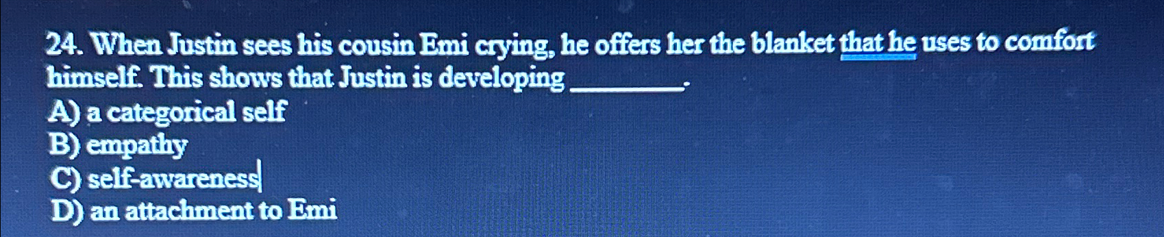 Solved When Justin sees his cousin Emi crying, he offers her | Chegg.com