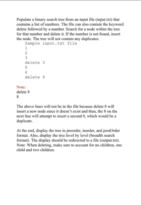 Populate a binary search tree from an input file | Chegg.com