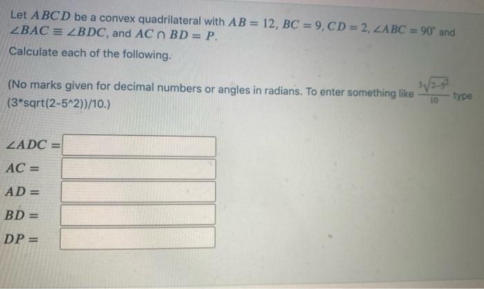 Solved Let ABCD be a convex quadrilateral with AB = 12, BC = | Chegg.com