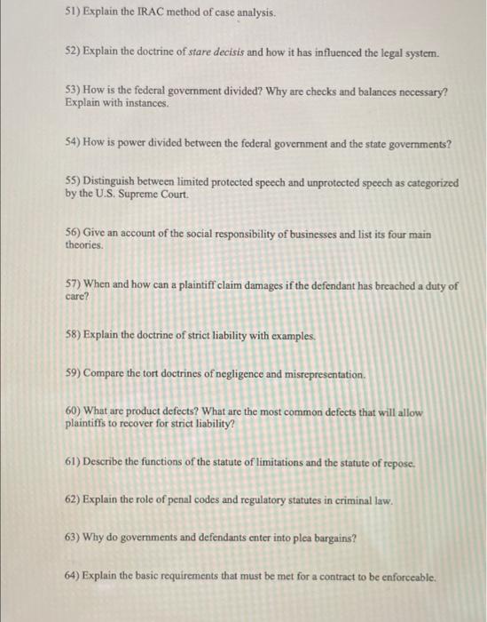 Solved 51) Explain the IRAC method of case analysis. 52) | Chegg.com