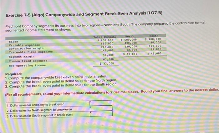 Solved Exercise 7-5 (Algo) Companywide and Segment | Chegg.com