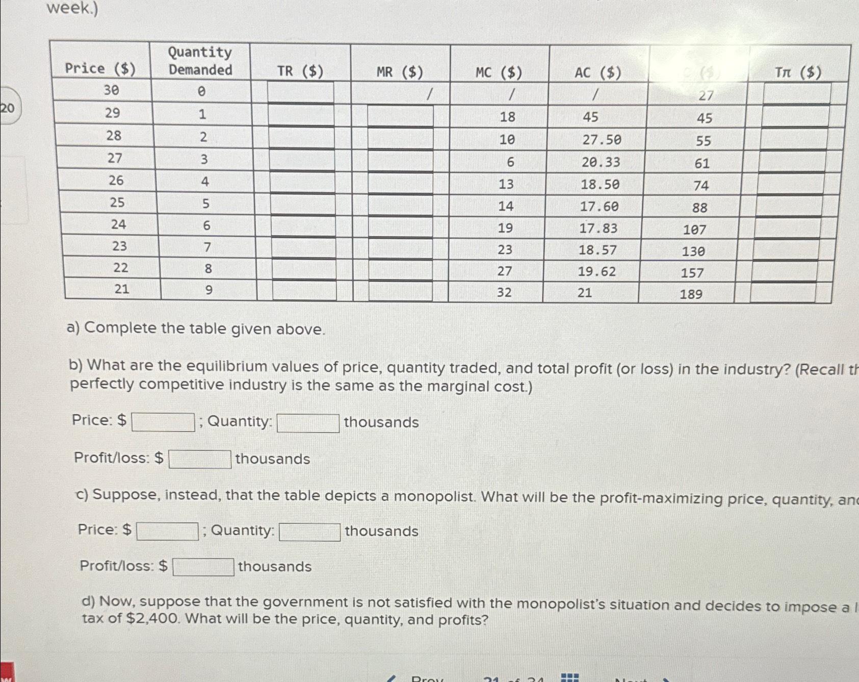 Solved week.)\table[[Price | Chegg.com