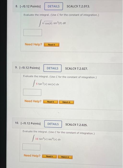 Solved DETAILS SCALC9 7.2.008. 6. [-70.12 points) Evaluate | Chegg.com