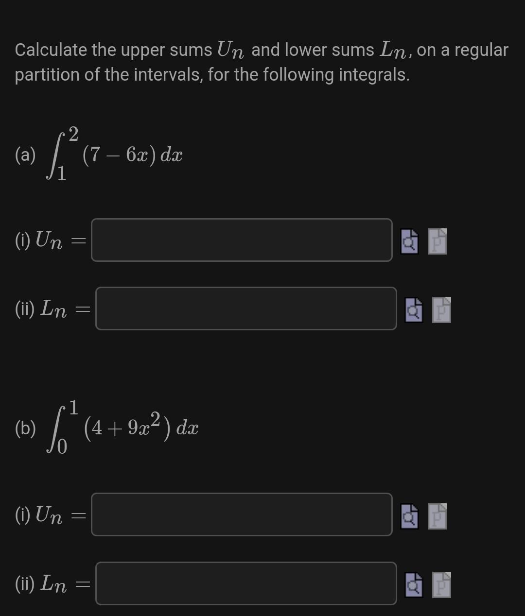 Solved Calculate the upper sums Un and lower sums Ln, on a | Chegg.com
