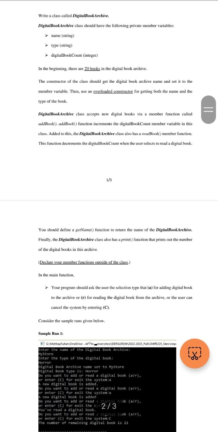 Solved Write a class called DigitalBookA rchive. | Chegg.com