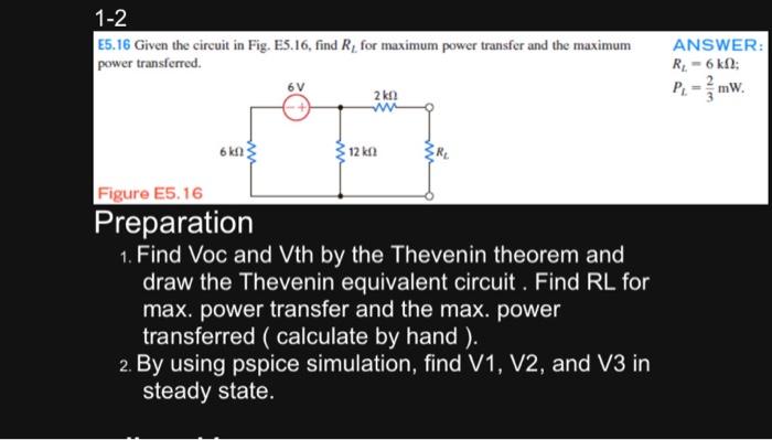 Solved E5.16 Given the circuit in Fig. E5.16, find RL for | Chegg.com