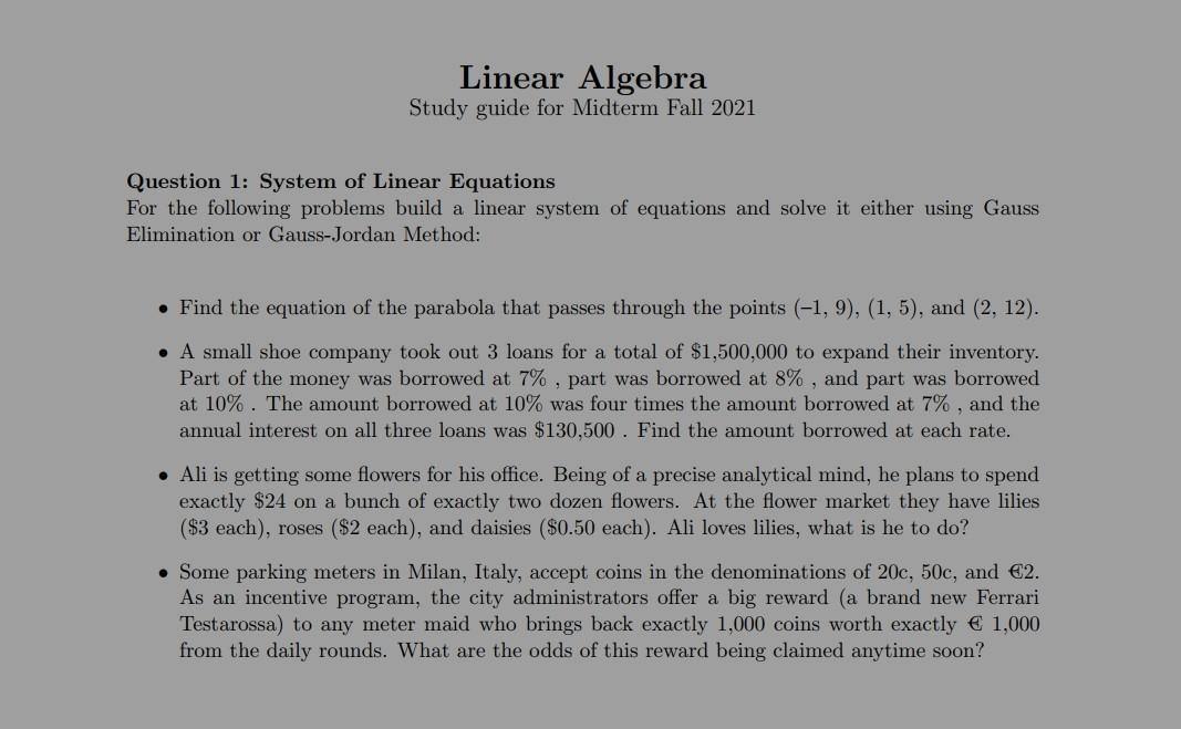Solved Linear Algebra Study guide for Midterm Fall 2021 | Chegg.com