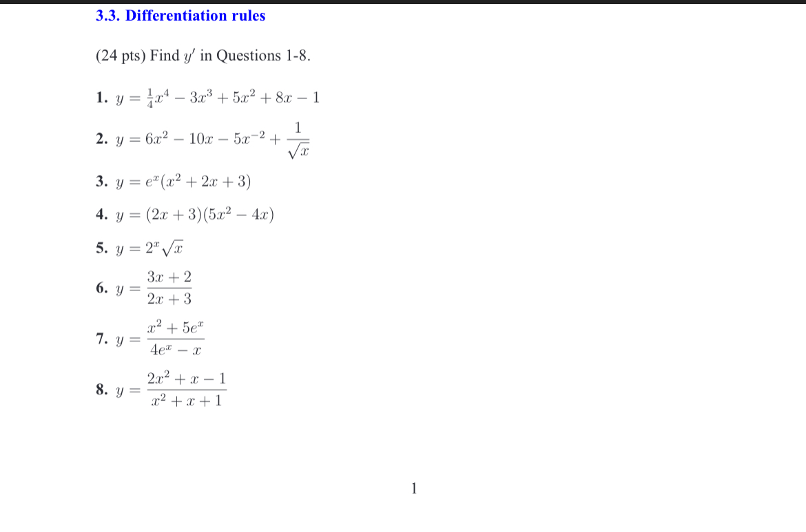 Solved 3.3. ﻿Differentiation rules(24 ﻿pts) ﻿Find y' ﻿in | Chegg.com