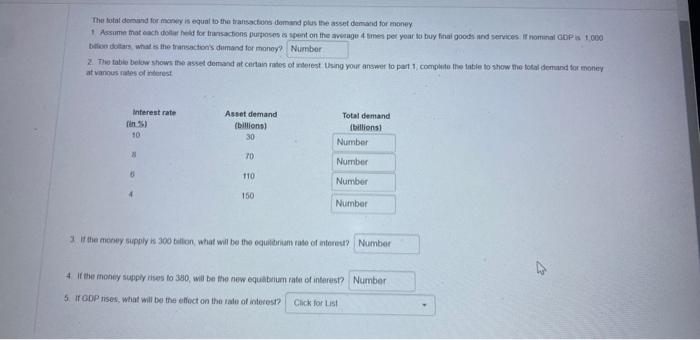 The lotal demand for money is equal to the | Chegg.com