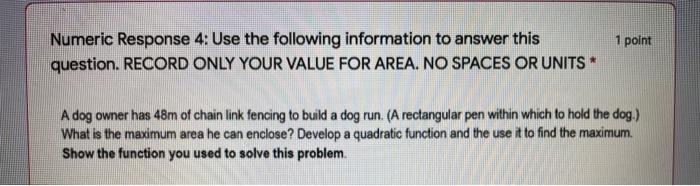 Solved 1 point Numeric Response 4: Use the following | Chegg.com