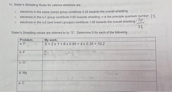 Solved 1c. Slater's Shielding Rules for valence electrons | Chegg.com
