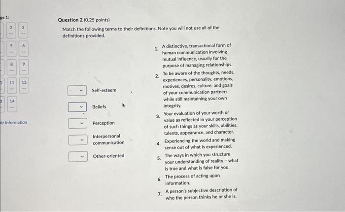 Question 2 ( 0.25 points) Match the following terms | Chegg.com