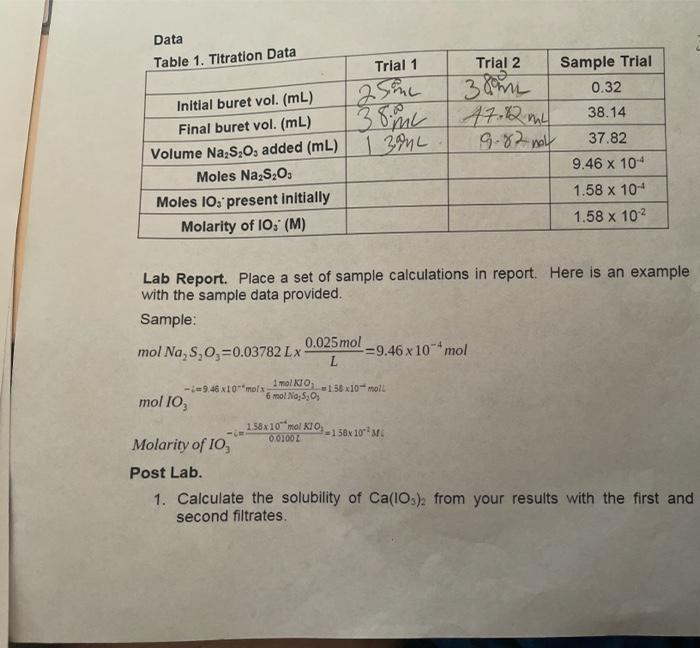 Solved Data 2 Table 1. Titration Data Trial 1 Trial 2 | Chegg.com