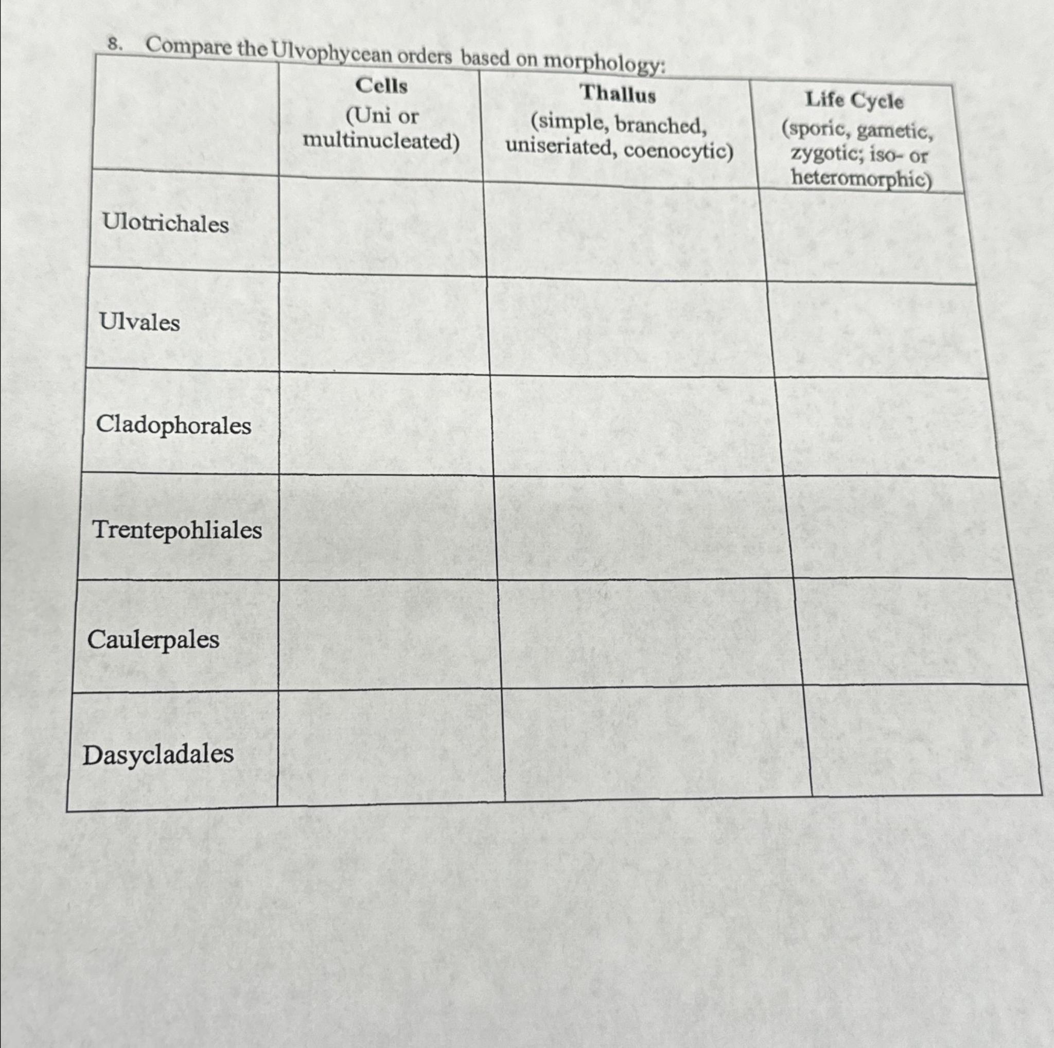 Solved Compare the Ulvophycean orders based on morphology: | Chegg.com