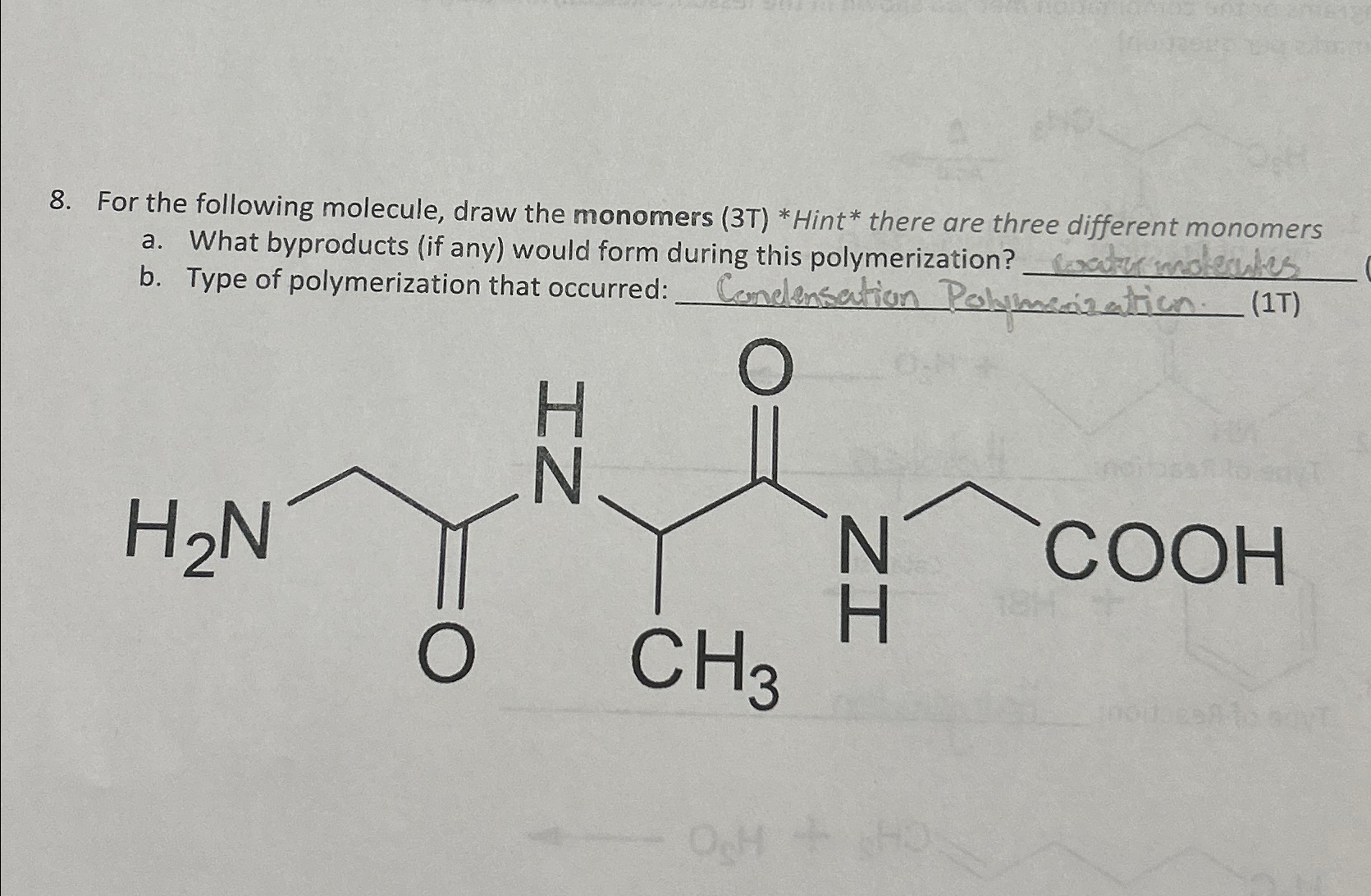 Solved For the following molecule, draw the monomers (hint | Chegg.com