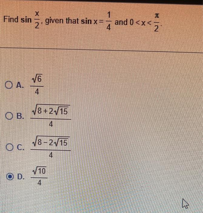 Solved Find sin2x, given that sinx=41 and 0 | Chegg.com