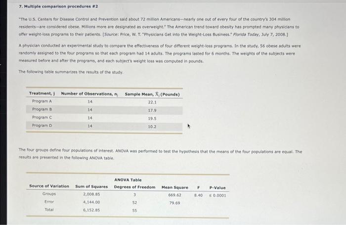 Solved 7. Multiple comparison procedures if 2 The U.5. | Chegg.com