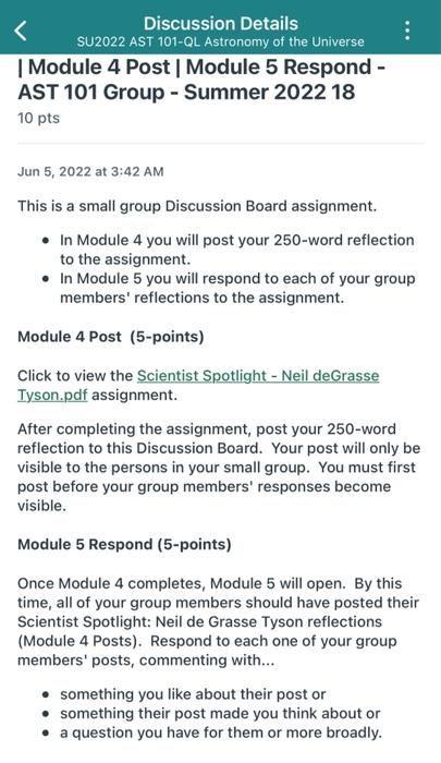 Discussion Details : SU2022 AST 101-QL Astronomy of | Chegg.com