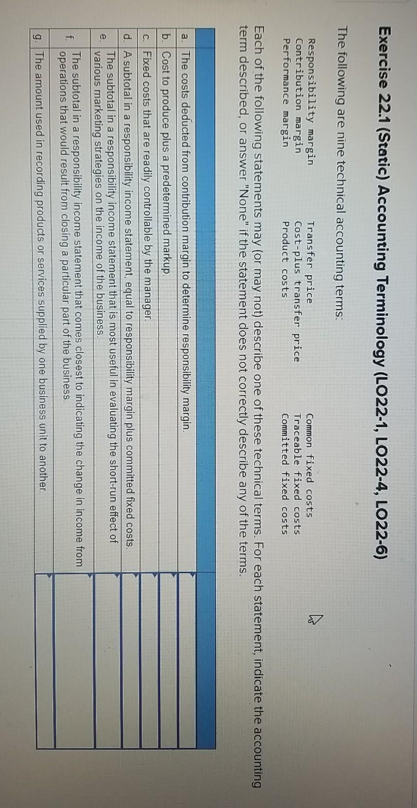 Solved Exercise 22.1 (Static) Accounting Terminology | Chegg.com