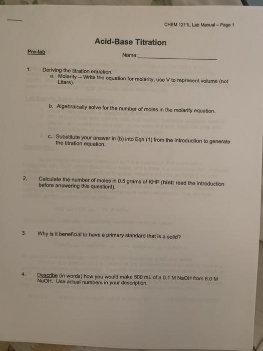 Solved CHEM 1211L Lab Manual - Page 1 Acid-Base Titration | Chegg.com