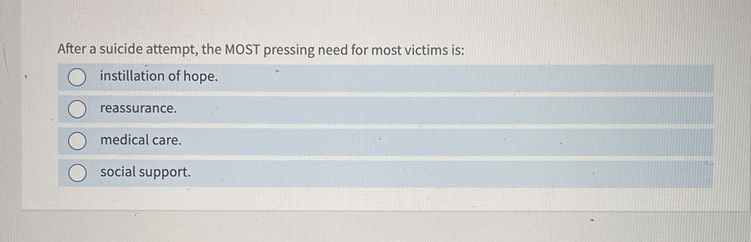 Solved After a suicide attempt, the MOST pressing need for | Chegg.com