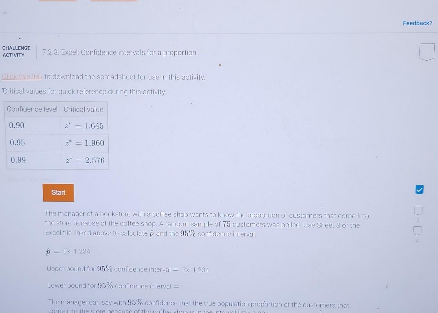 CHALLENGE ACTIVITY 7.2.3: Excel: Confidence intervals | Chegg.com