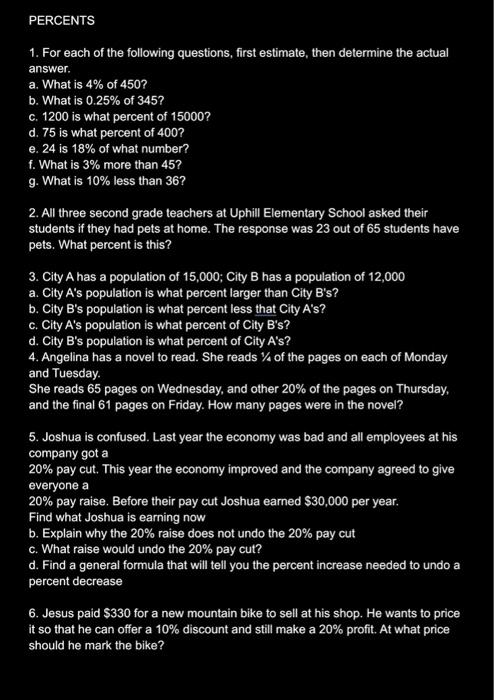 Solved PERCENTS 1. For each of the following questions, | Chegg.com