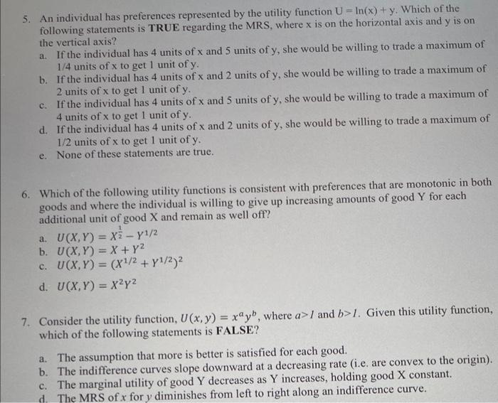 Solved 5. An individual has preferences represented by the | Chegg.com