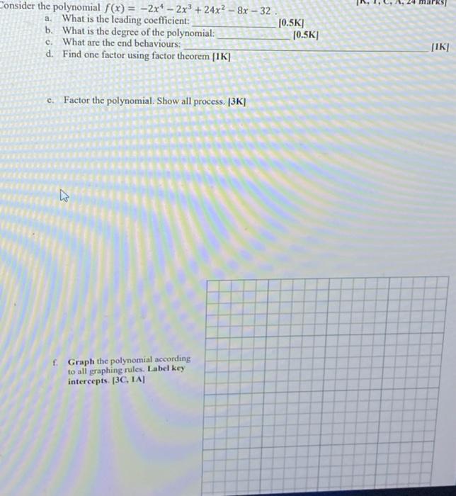 Solved insider the polynomial f(x)=−2x4−2x3+24x2−8x−32. a. | Chegg.com