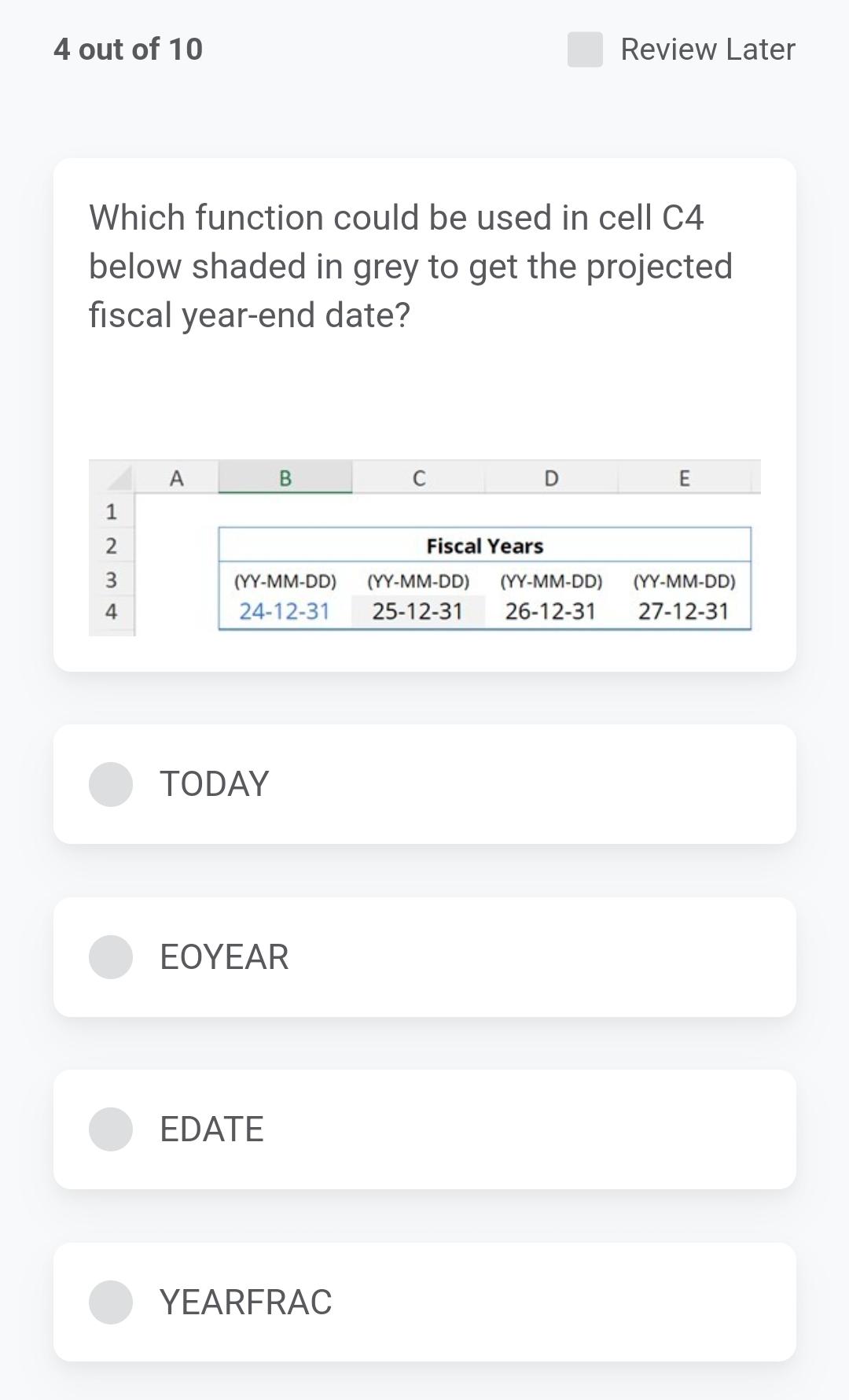 Solved 4 ﻿out of 10Review LaterWhich function could be used | Chegg.com